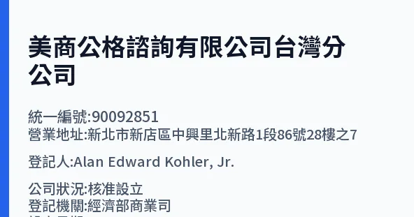 美商公格諮詢有限公司台灣分公司的照片-統編 90092851(新北市) 公司登記資料與營業項目詳細圖表