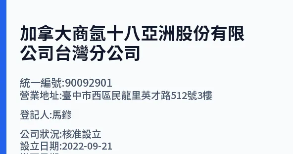 加拿大商氬十八亞洲股份有限公司台灣分公司的照片-統編 90092901(臺中市) 公司登記資料與營業項目詳細圖表