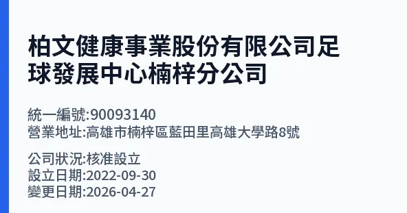 柏文健康事業股份有限公司足球發展中心楠梓分公司的照片-統編 90093140(高雄市) 公司登記資料與營業項目詳細圖表