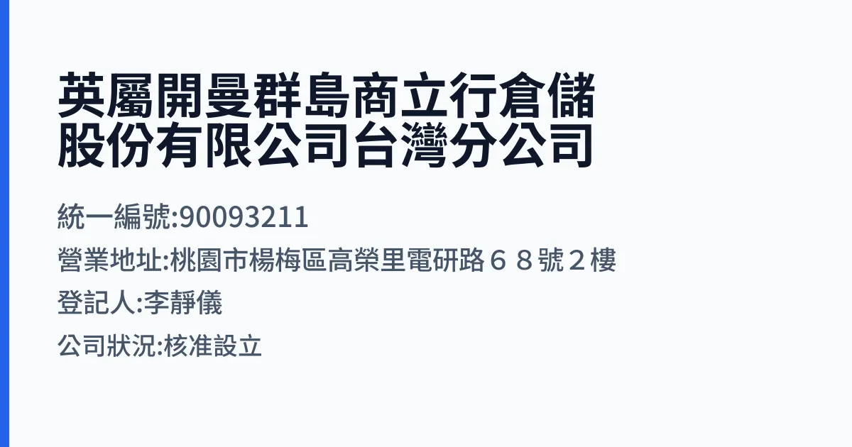 英屬開曼群島商立行倉儲股份有限公司台灣分公司 - 統編 90093211(臺北市) 公司登記資料與營業項目詳細圖表