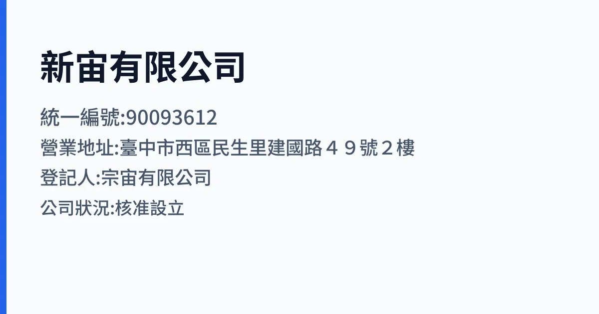 新宙有限公司 - 統編 90093612(臺中市) 公司登記資料與營業項目詳細圖表