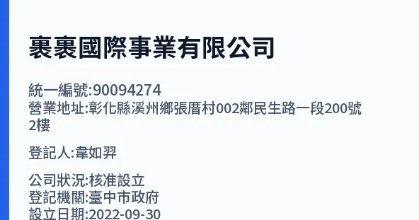 裹裹國際事業有限公司的照片-統編 90094274(彰化縣) 公司登記資料與營業項目詳細圖表