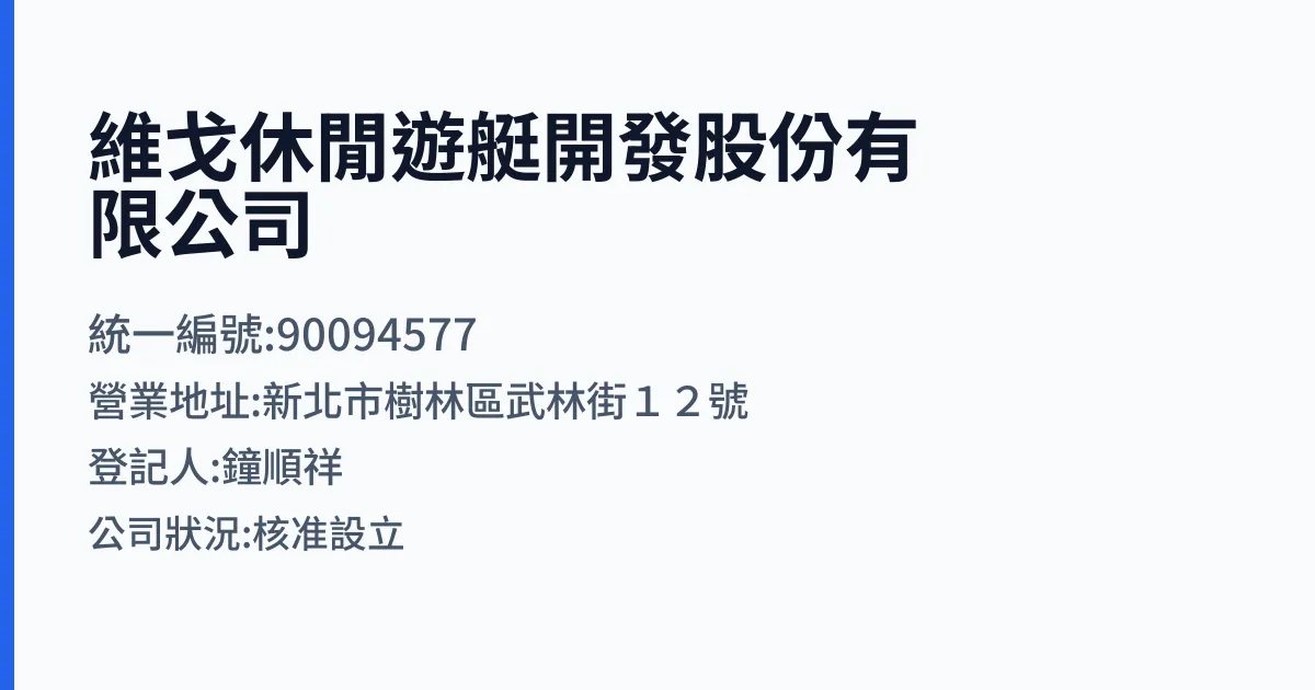 維戈休閒遊艇開發股份有限公司 - 統編 90094577(新北市) 公司登記資料與營業項目詳細圖表