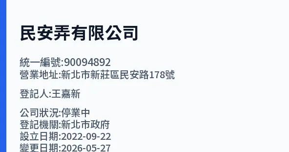民安弄有限公司的照片-統編 90094892(新北市) 公司登記資料與營業項目詳細圖表