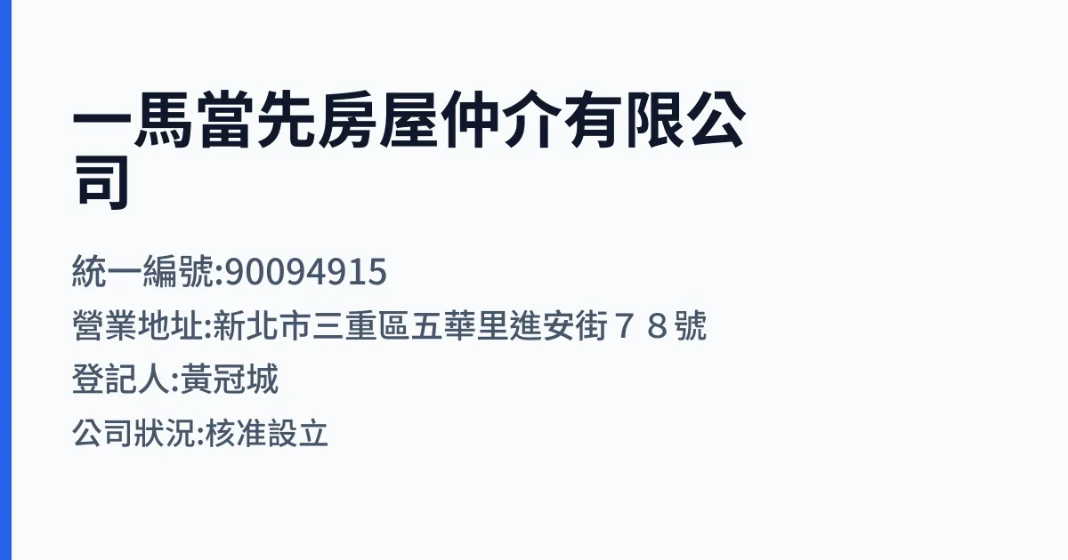 一馬當先房屋仲介有限公司 - 統編 90094915(新北市) 公司登記資料與營業項目詳細圖表