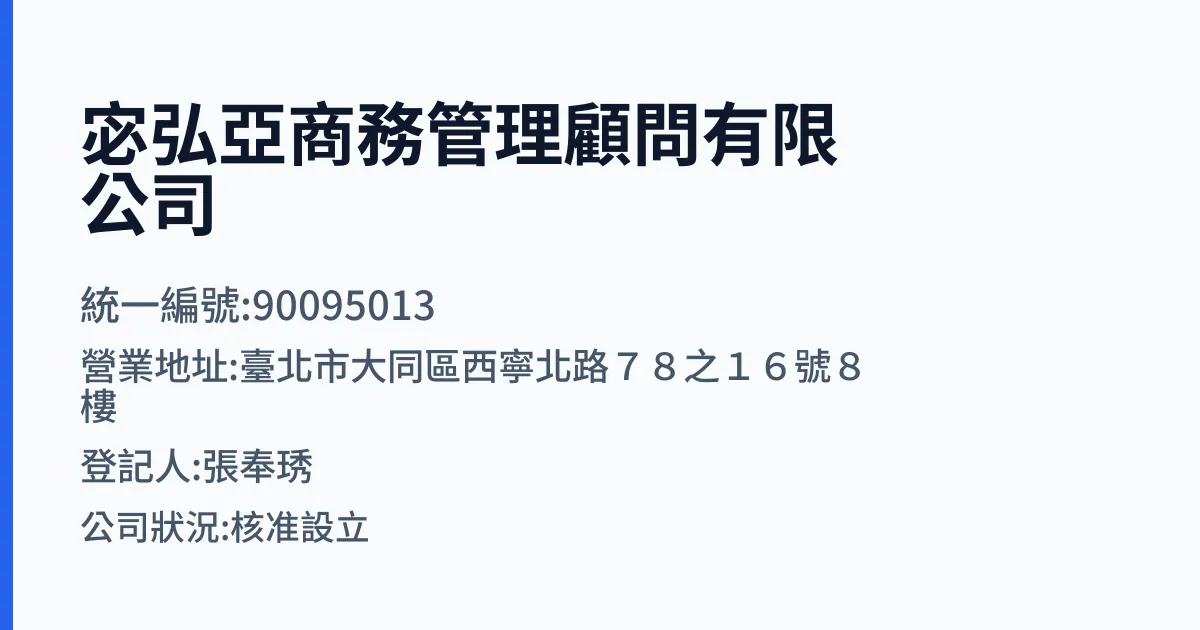 宓弘亞商務管理顧問有限公司 - 統編 90095013(臺北市) 公司登記資料與營業項目詳細圖表