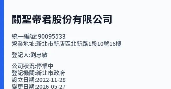 關聖帝君股份有限公司的照片-統編 90095533(新北市) 公司登記資料與營業項目詳細圖表