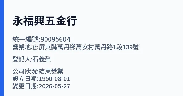 永福興五金行的照片-統編 90095604(屏東縣) 公司登記資料與營業項目詳細圖表