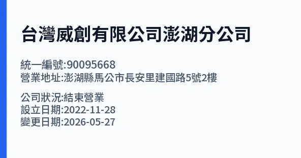 台灣威創有限公司澎湖分公司的照片-統編 90095668(澎湖縣) 公司登記資料與營業項目詳細圖表