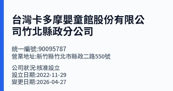 台灣卡多摩嬰童館股份有限公司竹北縣政分公司的照片-統編 90095787(新竹縣) 公司登記資料與營業項目詳細圖表