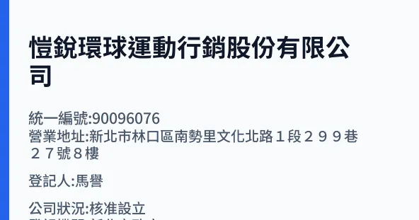 愷銳環球運動行銷股份有限公司的照片-統編 90096076(新北市) 公司登記資料與營業項目詳細圖表