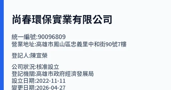 尚春環保實業有限公司的照片-統編 90096809(高雄市) 公司登記資料與營業項目詳細圖表