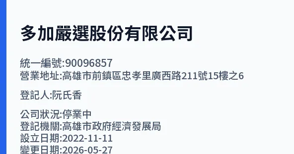 多加嚴選股份有限公司的照片-統編 90096857(高雄市) 公司登記資料與營業項目詳細圖表