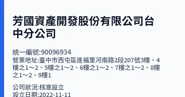 芳國資產開發股份有限公司台中分公司的照片-統編 90096934(臺中市) 公司登記資料與營業項目詳細圖表