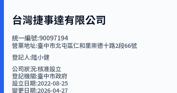 台灣捷事達有限公司的照片-統編 90097194(臺中市) 公司登記資料與營業項目詳細圖表