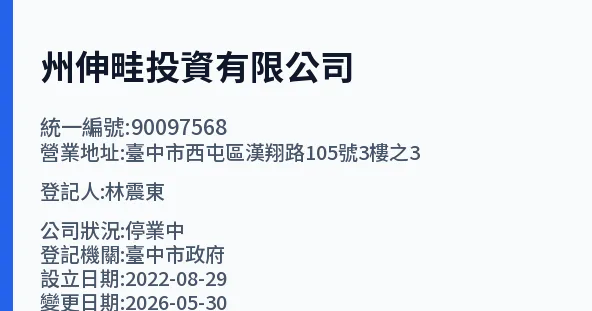 州伸畦投資有限公司的照片-統編 90097568(臺中市) 公司登記資料與營業項目詳細圖表