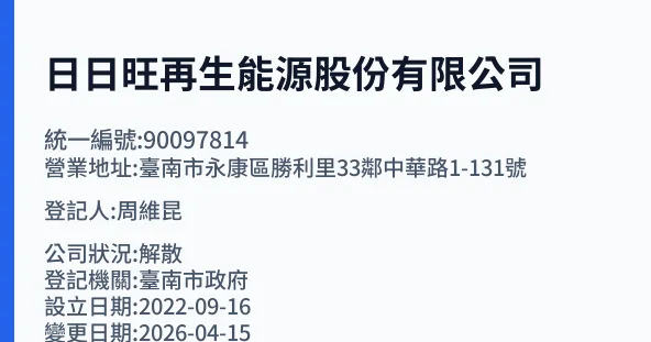 日日旺再生能源股份有限公司的照片-統編 90097814(臺南市) 公司登記資料與營業項目詳細圖表