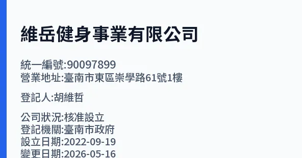 維岳健身事業有限公司的照片-統編 90097899(臺南市) 公司登記資料與營業項目詳細圖表