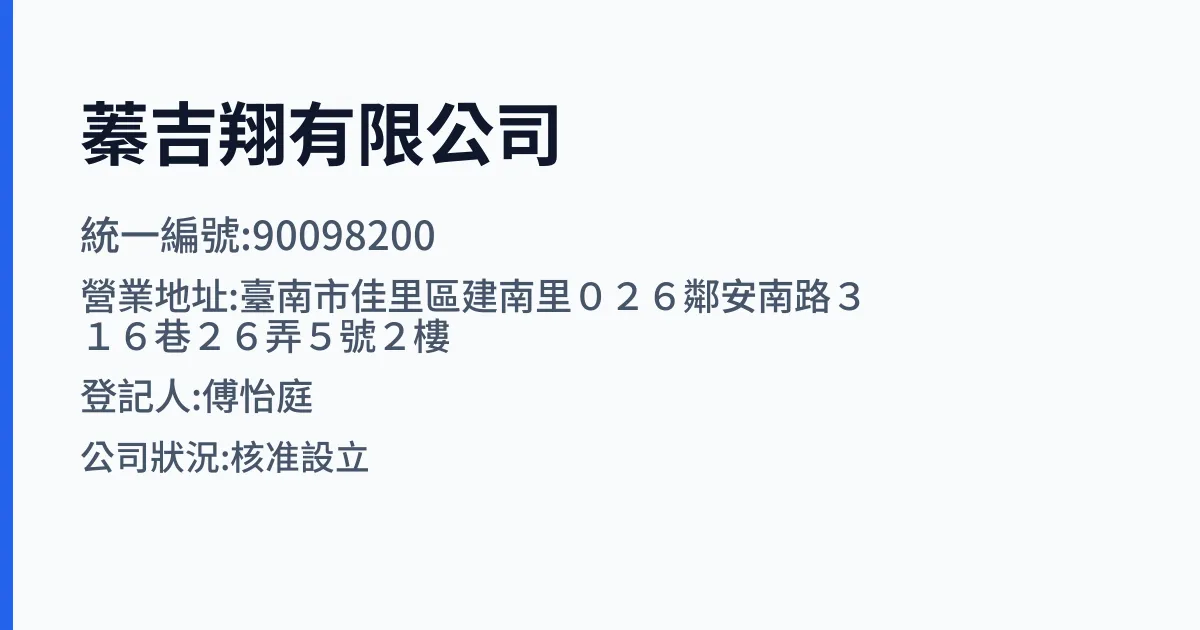 蓁吉翔有限公司 - 統編 90098200(臺南市) 公司登記資料與營業項目詳細圖表