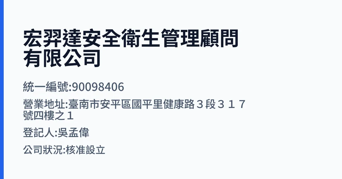 宏羿達安全衛生管理顧問有限公司 - 統編 90098406(臺南市) 公司登記資料與營業項目詳細圖表