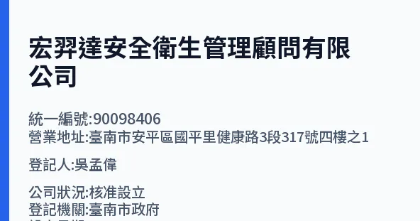 宏羿達安全衛生管理顧問有限公司的照片-統編 90098406(臺南市) 公司登記資料與營業項目詳細圖表