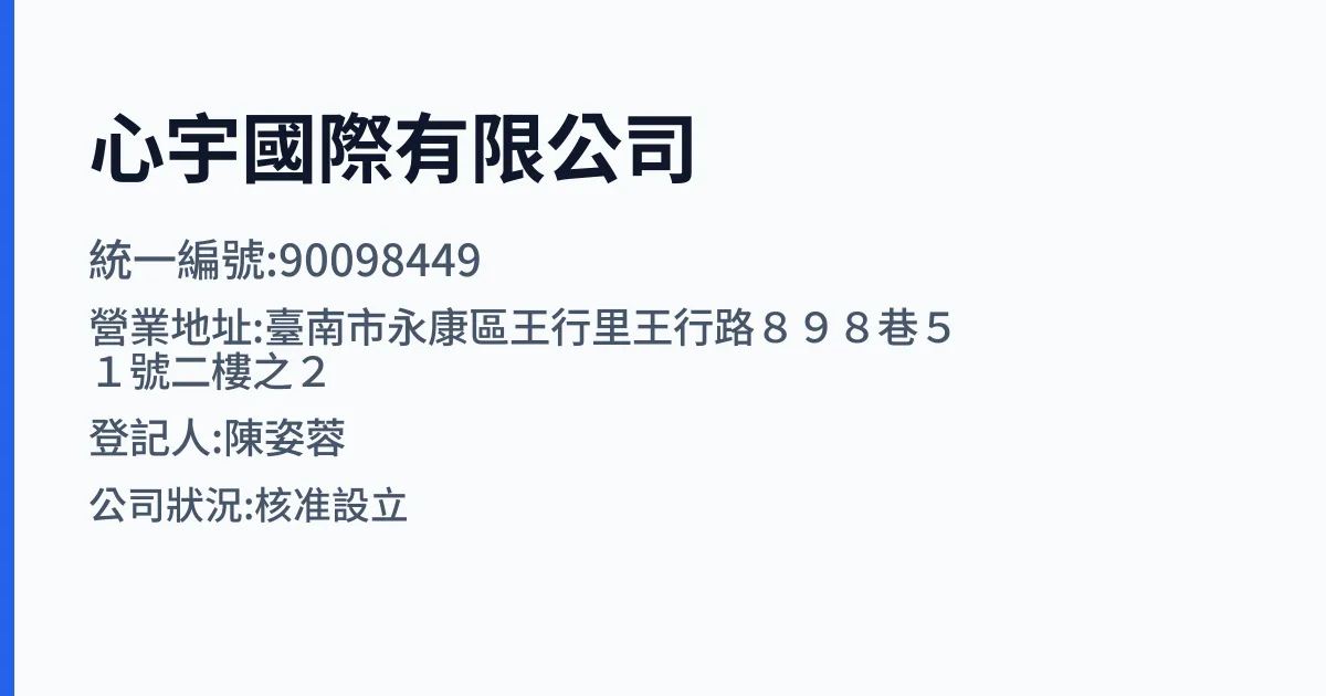 心宇國際有限公司 - 統編 90098449(臺南市) 公司登記資料與營業項目詳細圖表