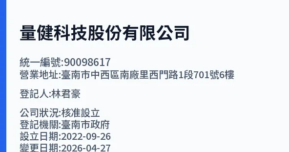 量健科技股份有限公司的照片-統編 90098617(臺南市) 公司登記資料與營業項目詳細圖表