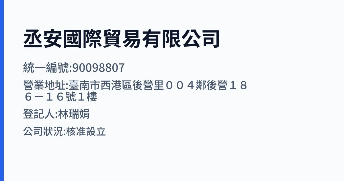 丞安國際貿易有限公司 - 統編 90098807（臺南市） 公司登記資料與營業項目詳細圖表