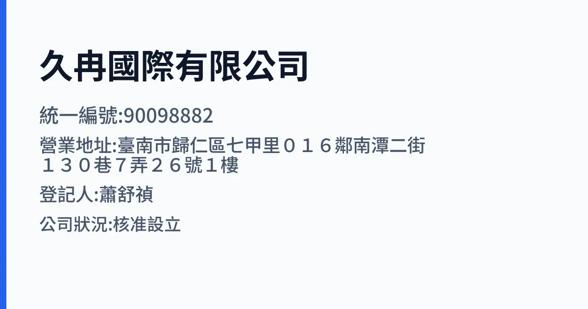 久冉國際有限公司 - 統編 90098882(臺南市) 公司登記資料與營業項目詳細圖表