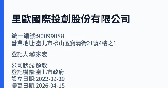 里歐國際投創股份有限公司的照片-統編 90099088(臺北市) 公司登記資料與營業項目詳細圖表