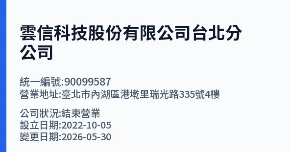 雲信科技股份有限公司台北分公司的照片-統編 90099587(臺北市) 公司登記資料與營業項目詳細圖表