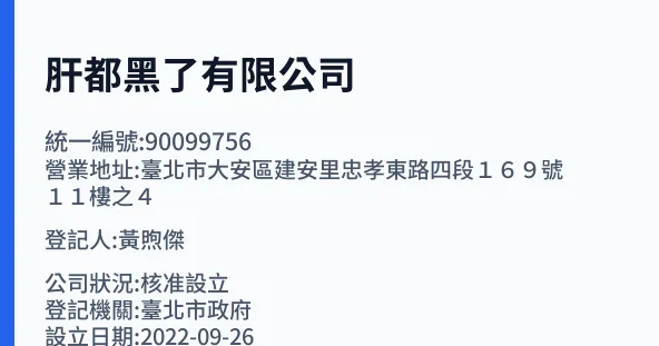 肝都黑了有限公司的照片-統編 90099756(臺北市) 公司登記資料與營業項目詳細圖表
