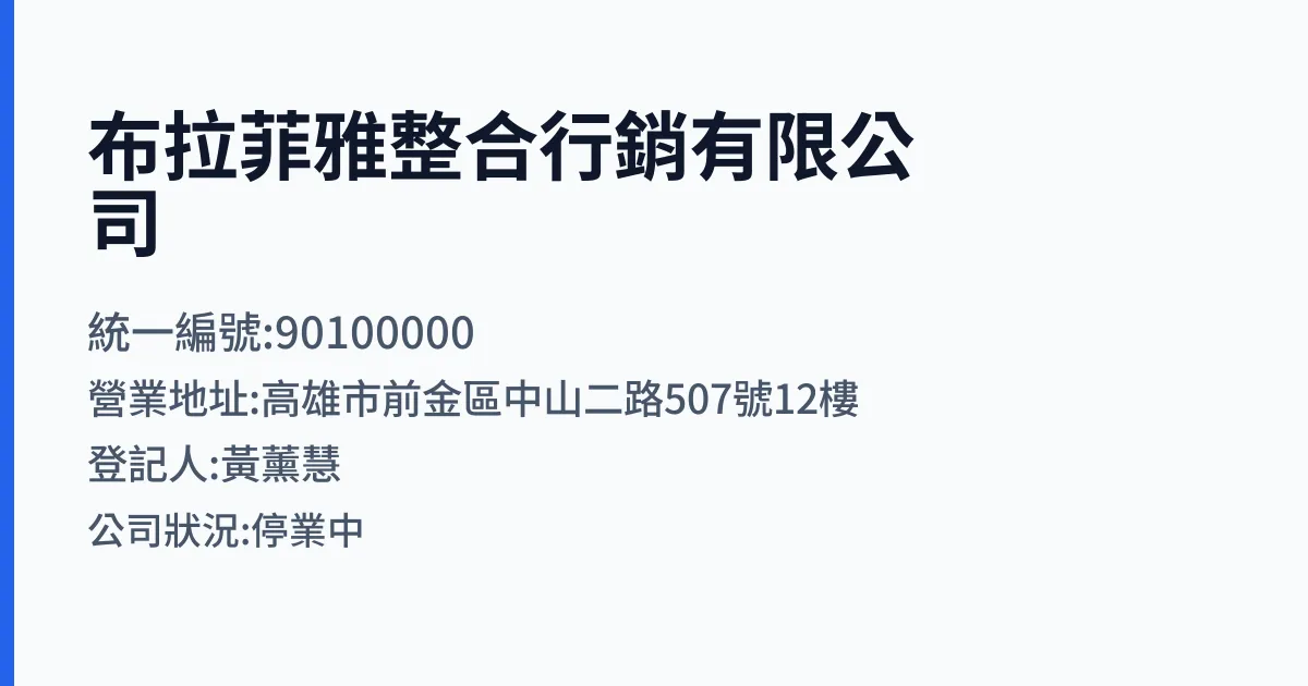 布拉菲雅整合行銷有限公司 - 統編 90100000(高雄市) 公司登記資料與營業項目詳細圖表