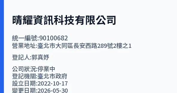 晴耀資訊科技有限公司的照片-統編 90100682(臺北市) 公司登記資料與營業項目詳細圖表