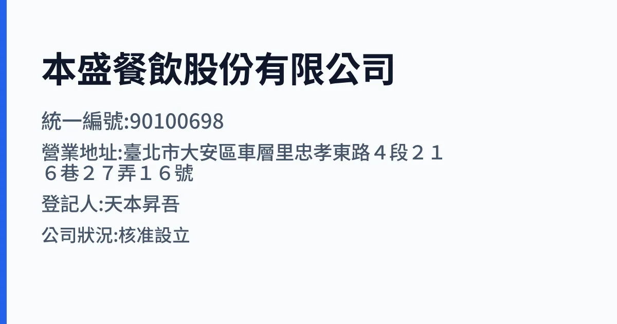 本盛餐飲股份有限公司 - 統編 90100698(臺北市) 公司登記資料與營業項目詳細圖表