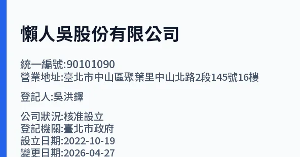 懶人吳股份有限公司的照片-統編 90101090(臺北市) 公司登記資料與營業項目詳細圖表