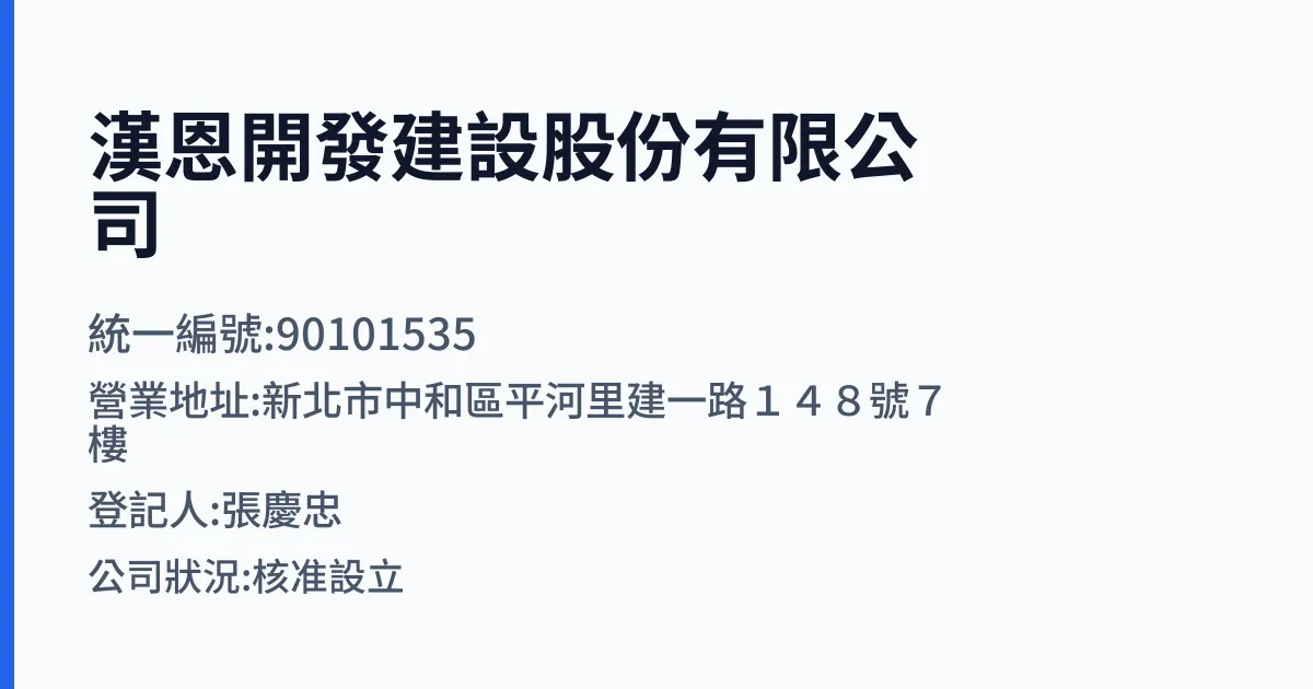 漢恩開發建設股份有限公司 - 統編 90101535(新北市) 公司登記資料與營業項目詳細圖表