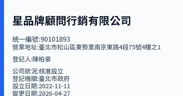 星品牌顧問行銷有限公司的照片-統編 90101893(臺北市) 公司登記資料與營業項目詳細圖表