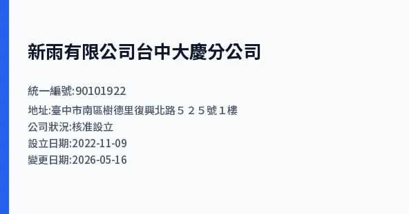 新雨有限公司台中大慶分公司的照片-統編 90101922(臺中市) 公司登記資料與營業項目詳細圖表