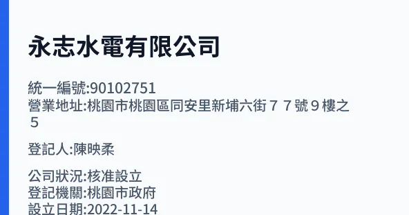 永志水電有限公司的照片-統編 90102751(桃園市) 公司登記資料與營業項目詳細圖表