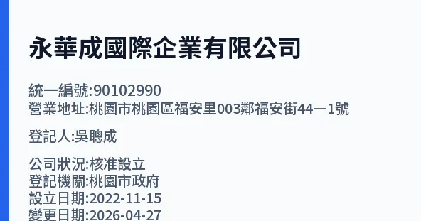 永華成國際企業有限公司的照片-統編 90102990(桃園市) 公司登記資料與營業項目詳細圖表