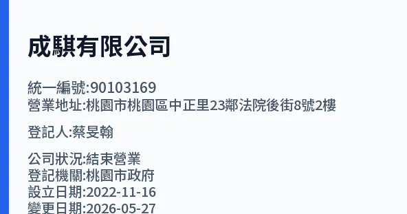 成騏有限公司的照片-統編 90103169(桃園市) 公司登記資料與營業項目詳細圖表