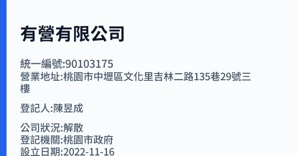 有營有限公司的照片-統編 90103175(桃園市) 公司登記資料與營業項目詳細圖表