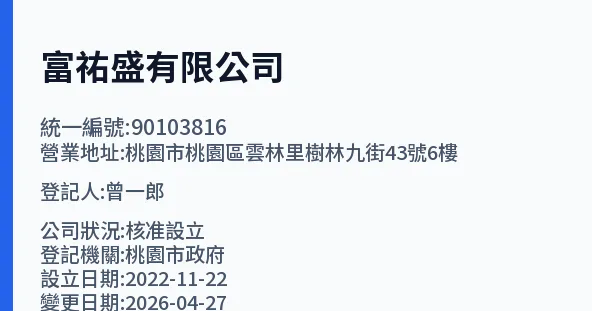 富祐盛有限公司的照片-統編 90103816(桃園市) 公司登記資料與營業項目詳細圖表