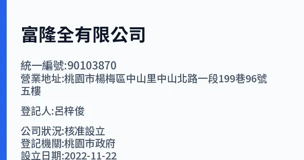 富隆全有限公司的照片-統編 90103870(桃園市) 公司登記資料與營業項目詳細圖表
