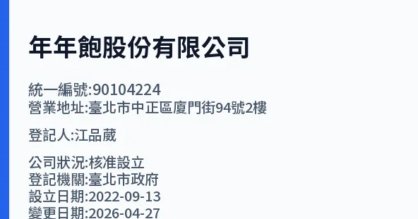 年年飽股份有限公司的照片-統編 90104224(臺北市) 公司登記資料與營業項目詳細圖表