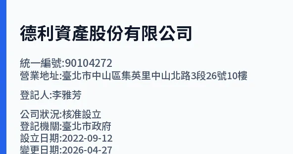 德利資產股份有限公司的照片-統編 90104272(臺北市) 公司登記資料與營業項目詳細圖表