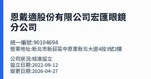 恩戴適股份有限公司宏匯眼鏡分公司的照片-統編 90104694(新北市) 公司登記資料與營業項目詳細圖表