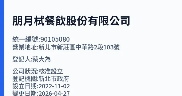 朋月栻餐飲股份有限公司的照片-統編 90105080(新北市) 公司登記資料與營業項目詳細圖表