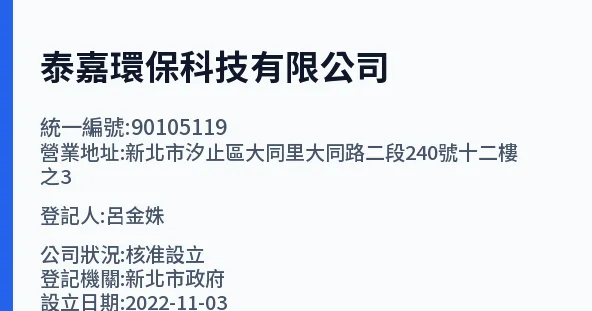 泰嘉環保科技有限公司的照片-統編 90105119(新北市) 公司登記資料與營業項目詳細圖表
